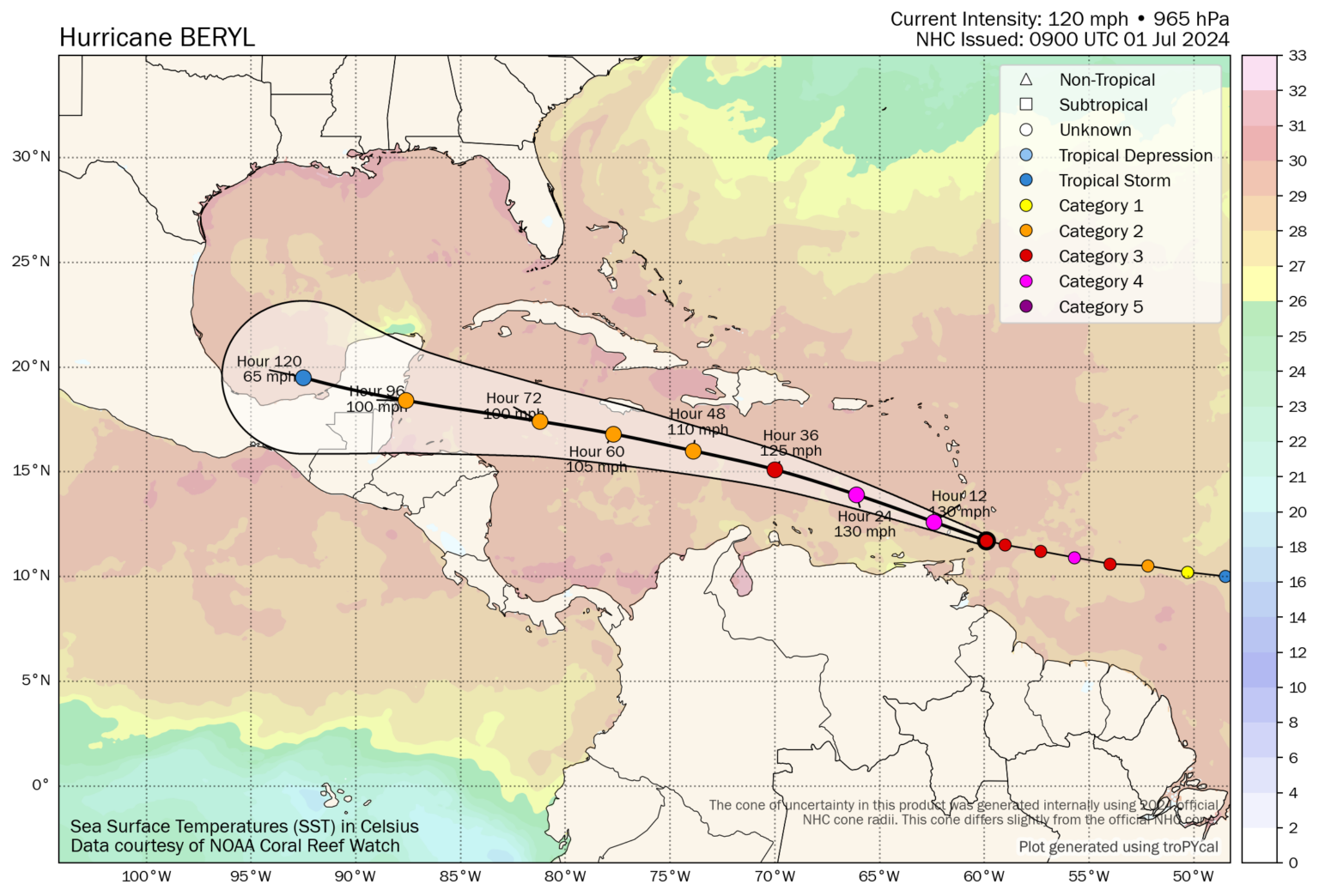 Beryl closing in on the Windward Islands as a strengthening major ...